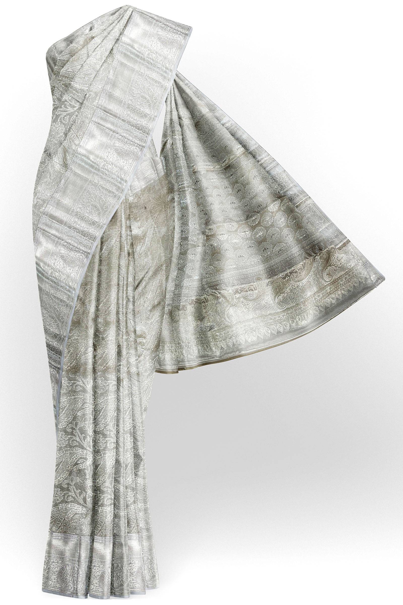 Exotic Silver Kanchipuram Silk Saree – My First Saree